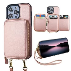 bocasal rfid blocking wallet case for iphone 14 pro max, adjustable crossbody zipper purse case card holder with kickstand detachable wrist strap, pu leather flip folio case 6.7 inch 5g (rose gold)