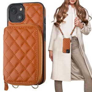 bocasal crossbody wallet case for iphone 14 plus, rfid blocking pu leather zipper handbag purse flip cover, kickstand folio case with card slots holder wrist strap lanyard 5g 6.7 inch (brown)