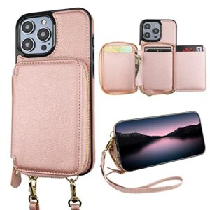 bocasal rfid blocking wallet case for iphone 14 pro, adjustable crossbody zipper purse case card holder with kickstand detachable wrist strap, pu leather flip folio case 6.1 inch 5g (rose gold)