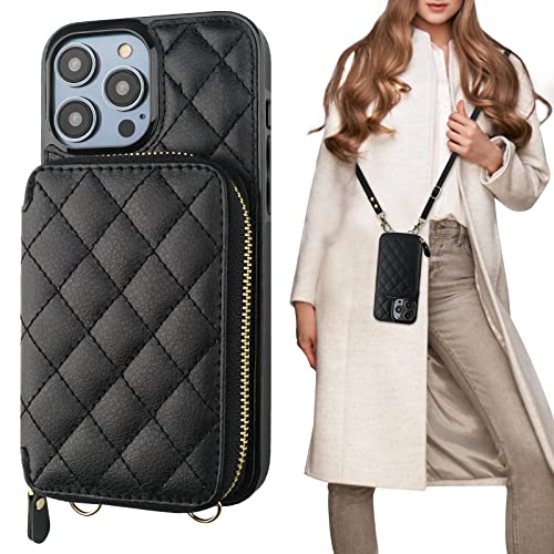 Bocasal Crossbody Wallet Case for iPhone 14 Pro Max, RFID Blocking PU Leather Zipper Handbag Purse Flip Cover, Kickstand Folio Case with Card Slots Holder Wrist Strap Lanyard 5G 6.7 Inch (Black)