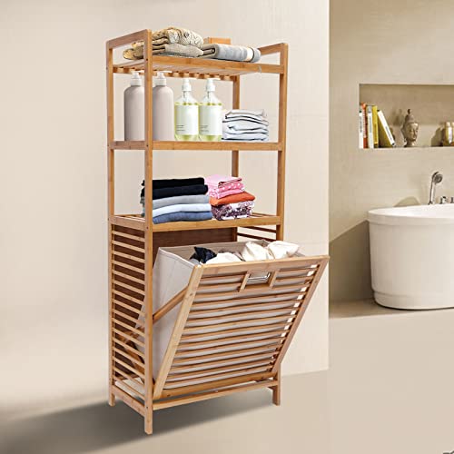 Bamboo Laundry Basket Laundry Hamper Storage Hamper with 3-Tier Shelves for Bathroom Living Room Bedroom