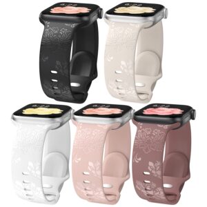 5 pack flower engraved silicone band compatible with apple watch band 38mm 40mm 41mm, elegant peony fancy designer sport women band replacement for iwatch series 8 7 6 5 4 3 2 1 se black white