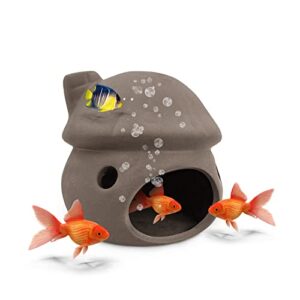 wishlotus aquarium cave decoration, durable aquarium fish hideout ceramic fish tank ornament mushroom house fish tank betta hidden tunnel for fish and shrimp rest play and natural breeding (brown)