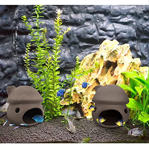 WishLotus Aquarium Cave Decoration, Durable Aquarium Fish Hideout Ceramic Fish Tank Ornament Mushroom House Fish Tank Betta Hidden Tunnel for Fish and Shrimp Rest Play and Natural Breeding (Brown)