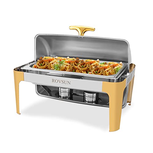 ROVSUN Roll Top Chafing Dish Buffet Set Gold Accent,9 Quart Rectangular Stainless Steel Chafer, Buffet Servers and Warmers Set Warming Tray for Wedding, Parties, Banquet, Catering Events, Graduation