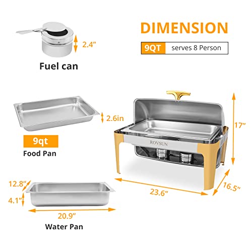 ROVSUN Roll Top Chafing Dish Buffet Set Gold Accent,9 Quart Rectangular Stainless Steel Chafer, Buffet Servers and Warmers Set Warming Tray for Wedding, Parties, Banquet, Catering Events, Graduation