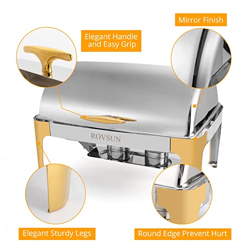 ROVSUN Roll Top Chafing Dish Buffet Set Gold Accent,9 Quart Rectangular Stainless Steel Chafer, Buffet Servers and Warmers Set Warming Tray for Wedding, Parties, Banquet, Catering Events, Graduation