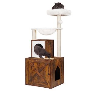 heybly cat tree, wood litter box enclosure with food station, all-in-one indoor cat furniture with basket and condo, modern style cat tower, hammock, rustic brown hct101sr