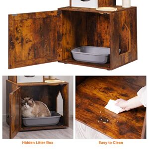 Heybly Cat Tree, Wood Litter Box Enclosure with Food Station, All-in-one Indoor Cat Furniture with Basket and Condo, Modern Style Cat Tower, Hammock, Rustic Brown HCT101SR