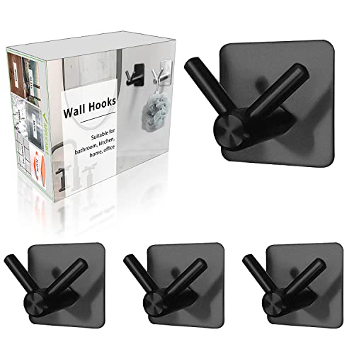 Shengsite Adhesive Hooks, 4 Pack Wall Mounted SUS 304 Bath Towel Hooks, Matte Black Heavy Duty Wall Coat Hooks for Bathroom Bedroom Kitchen Hotel Pool(4 Pack, Matte Black)