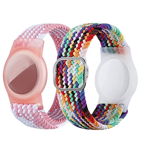 Fhtase AirTag Wristband Kids(2 Pack), Nylon Airtag Bracelet Compatible with Apple Air Tag, Flexible Adjustable Anti Lost Watch Band for Toddler Baby, Boys, and Girls, Elders (Pink&Rainbow)