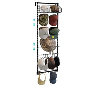 yociyoga metal hat racks for baseball caps, over the door hat organizer hat holder with door hooks & 17 hat hooks, adjustable tier height hat hanger hat storage with storage basket, black