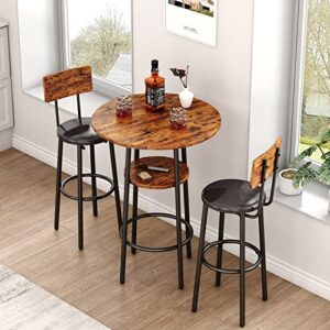 kivenjaja 3-piece bar table set for 2, small 2-tier round bistro pub dining table & pu upholstered stools with backrest, counter height table and chairs set for kitchen small space, rustic brown