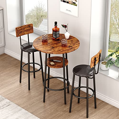 KIVENJAJA 3-Piece Bar Table Set for 2, Small 2-Tier Round Bistro Pub Dining Table & PU Upholstered Stools with Backrest, Counter Height Table and Chairs Set for Kitchen Small Space, Rustic Brown