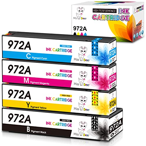 Miss Deer Upgraded 972A Ink Cartridges Compatible Replacement for HP 972 A 972X, Work for PageWide Pro MFP 477dw 577dw 477dn 452dn 452dw 552dn 552dw 377dw P55250dw Printer (BK/C/M/Y) 4 Combo Pack