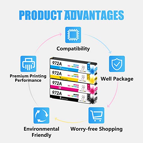 Miss Deer Upgraded 972A Ink Cartridges Compatible Replacement for HP 972 A 972X, Work for PageWide Pro MFP 477dw 577dw 477dn 452dn 452dw 552dn 552dw 377dw P55250dw Printer (BK/C/M/Y) 4 Combo Pack