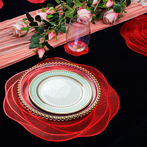 Snowkingdom Red Placemats and Coasters Set of 6 Pressed Metallic Vinyl 15 inch Rose Round Place Mats Dining Table Mats Dinning Table Centerpiece