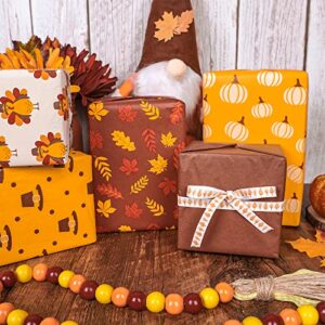 Whaline 90 Sheet Fall Thanksgiving Tissue Paper 6 Designs Brown Yellow Wrap Tissue Paper with Pumpkin Leaves Turkey Pattern Autumn Gift Wrapping Accessory for Thanksgiving Gift Packing DIY Craft