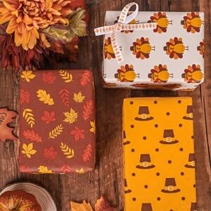 Whaline 90 Sheet Fall Thanksgiving Tissue Paper 6 Designs Brown Yellow Wrap Tissue Paper with Pumpkin Leaves Turkey Pattern Autumn Gift Wrapping Accessory for Thanksgiving Gift Packing DIY Craft