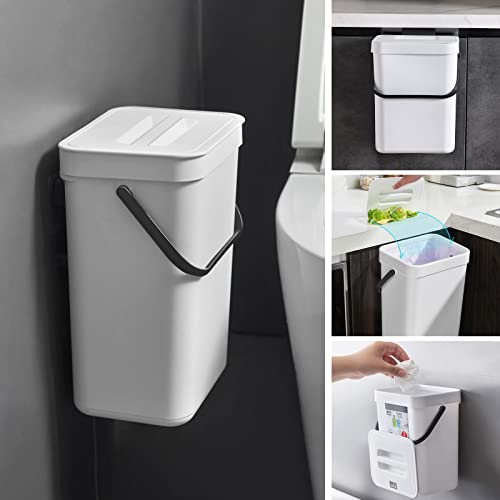 FODISU Hanging Garbage Can with Lid 1.3 Gallon Small Trash Can, 5 Liter Kitchen Compost Bin, Kitchen Hanging Garbage Can for Under Sink or Kitchen Cabinet Door, Wall-Mounted Kitchen Waste Bin