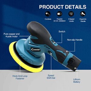 Saker Mini Cordless Buffer Polisher - 6 Inch Portable Polishing Machine Kit for Car Detailing, with 1PC 12V 2000mAh Rechargeable Battery, Extra 10 PCS Attachments