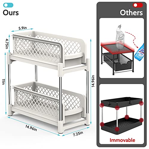 Under Sink Organizers and Storage, Bathroom Organizer with Pull Out Drawer, 2 Tier Sliding Cabinet Basket Organizer Drawer, Storage Shelf for Kitchen Bathroom Cleaning Supplies Organizer, 2 Pack,White