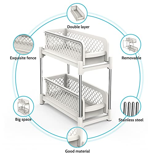 Under Sink Organizers and Storage, Bathroom Organizer with Pull Out Drawer, 2 Tier Sliding Cabinet Basket Organizer Drawer, Storage Shelf for Kitchen Bathroom Cleaning Supplies Organizer, 2 Pack,White