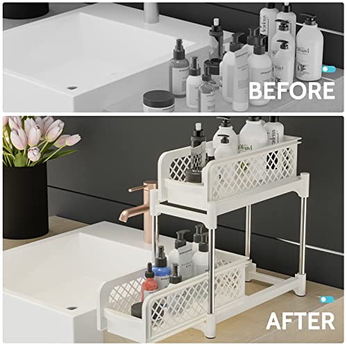 Under Sink Organizers and Storage, Bathroom Organizer with Pull Out Drawer, 2 Tier Sliding Cabinet Basket Organizer Drawer, Storage Shelf for Kitchen Bathroom Cleaning Supplies Organizer, 2 Pack,White