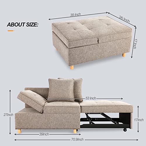 SEJOV Sofa Bed Chair 4-in-1 Convertible Chair Bed, 3-Seat Linen Fabric loveseat Sofa with 2 Throw Pillow, Single Recliner for Small Space with 5 Adjustable Backrest