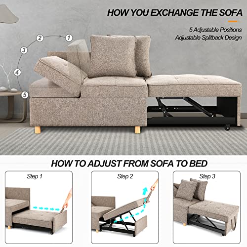 SEJOV Sofa Bed Chair 4-in-1 Convertible Chair Bed, 3-Seat Linen Fabric loveseat Sofa with 2 Throw Pillow, Single Recliner for Small Space with 5 Adjustable Backrest