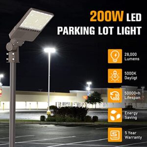 LED Parking Lot Lights 200W, 28000LM LED Pole Light with Photocell, UL Listed LED Shoebox Light Slip Fitter 5000K IP65 Waterproof Outdoor Commercial Street Area Light for Parking Lot/ Stadium 100-277V