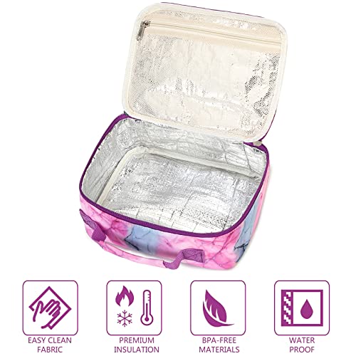 LEDAOU Lunch Bag Insulated Lunch Box Kids Girls Insulated Reusable Lunch Bag for School Work Picnic Hiking (Marble Purple White)