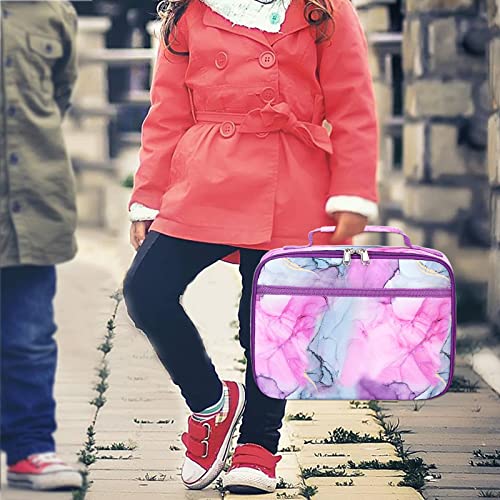 LEDAOU Lunch Bag Insulated Lunch Box Kids Girls Insulated Reusable Lunch Bag for School Work Picnic Hiking (Marble Purple White)