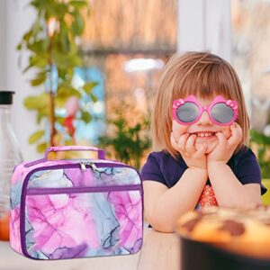 LEDAOU Lunch Bag Insulated Lunch Box Kids Girls Insulated Reusable Lunch Bag for School Work Picnic Hiking (Marble Purple White)