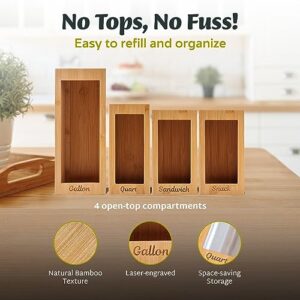 KUIZIANA Storage Bag Organizer, 4 Individual Bag Storage Organizer Boxes, Sandwich Bag Holder, Snack, Quart and Gallon Storage Bags Organizers, Natural Bamboo Wood Material, 4-Piece Set