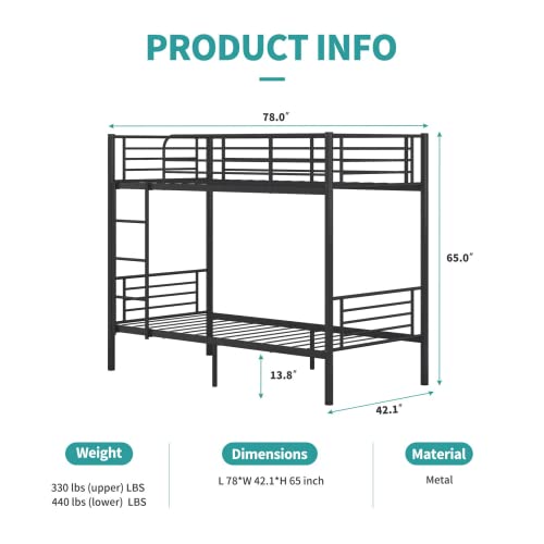 LAGRIMA Bunk Beds Frame Twin Over Twin, Heavy Duty Twin Size Metal Bunk Bed Frame with Guardrail & Ladders , Space-Saving, Noise Free, No Box Spring Needed (Black) bunkbed2685