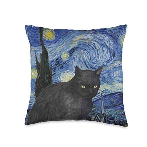 Artistic Feline outfit Black Starry Night by Vincent Van Gogh cat Lover Throw Pillow, 16x16, Multicolor