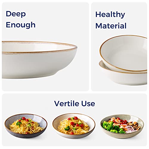 AmorArc 8.5'' Large Pasta Bowls, 36oz Ceramic Salad Serving Bowls Set of 4 for Kitchen, Wide Stoneware Bowls for Pasta,Salad,Fruit,Bread, Microwave Safe, Reactive-Off-White