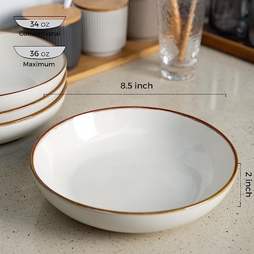 AmorArc 8.5'' Large Pasta Bowls, 36oz Ceramic Salad Serving Bowls Set of 4 for Kitchen, Wide Stoneware Bowls for Pasta,Salad,Fruit,Bread, Microwave Safe, Reactive-Off-White