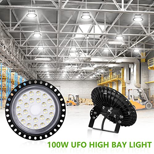 100W UFO LED High Bay Light, 10000 LM Factory Warehouse Industrial Lighting, 6000-6500K Shop Warehouse LED Lights, IP54 Waterproof, Commercial LED Bay Lighting for Garage Factory Workshop Gym