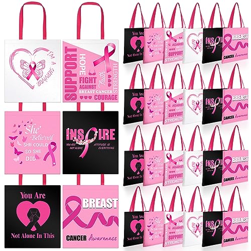 Funrous 12 Pcs Breast Cancer Tote Bags Bulk, Pink Ribbon Survivor Gift Bag for Women Nurse Breast Cancer Awareness Party