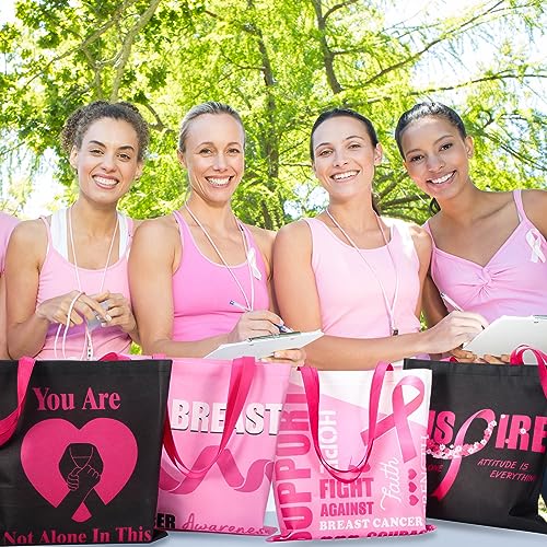 Funrous 12 Pcs Breast Cancer Tote Bags Bulk, Pink Ribbon Survivor Gift Bag for Women Nurse Breast Cancer Awareness Party