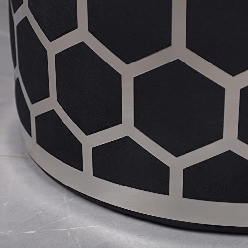 SOFT ASS Modern Round Velvet Ottoman Vanity Chair Large Footrest Stool with Hexagon Silver Metal Frame for Bedroom Living Room Study and Entrance - Black