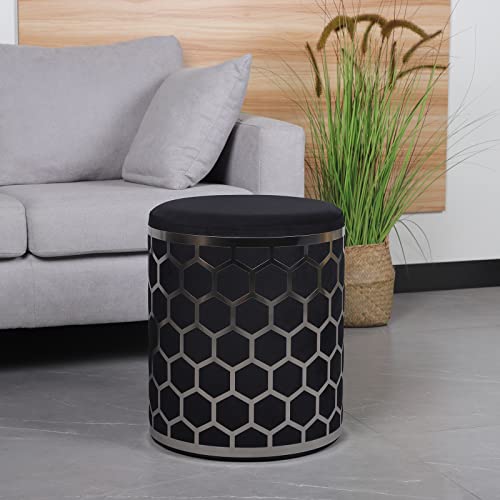 SOFT ASS Modern Round Velvet Ottoman Vanity Chair Large Footrest Stool with Hexagon Silver Metal Frame for Bedroom Living Room Study and Entrance - Black