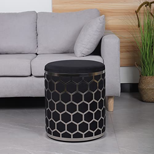 SOFT ASS Modern Round Velvet Ottoman Vanity Chair Large Footrest Stool with Hexagon Silver Metal Frame for Bedroom Living Room Study and Entrance - Black