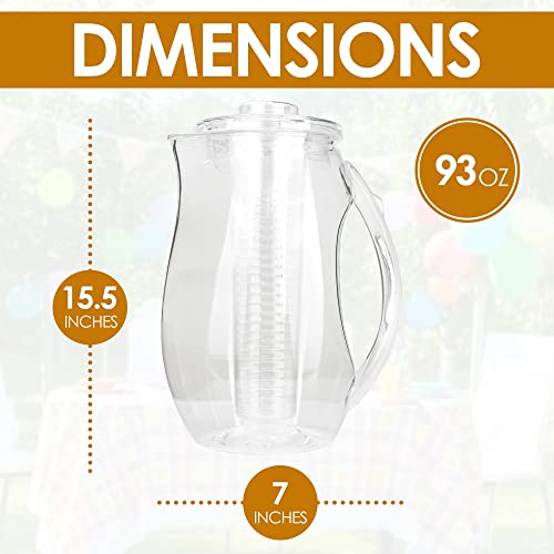 Acrylic Water Infuser Pitcher, Beverage Storage Container with Lid, Ideal for Iced Tea and Fruit Infused Beverages (2.9qt, 93oz, Clear)