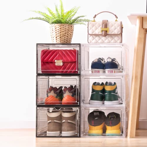 ZLLZUU Shoe Organizer Shoe Storage Boxes, 6 Pack Large Drop Front Shoe Boxes with Magnetic Door, Clear Plastic Stackable Shoe Containers (Black)