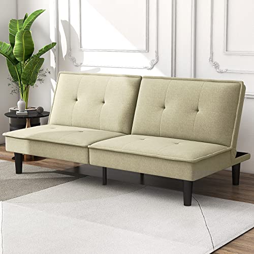 LIFERECORD Futon Sofa Bed Modern Linen Fabric Convertible Folding Lounge Couch Loveseat Daybed for Living Room Apartment Dorm, Banana Toffee