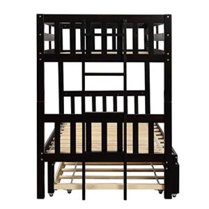 KLMM Twin Over Pull-Out Bunk Bed with Trundle, Wooden Twin Over Twin/Full/Queen/King Bunk Bed, Accommodate 4 People Extendable Bunk Beds with Ladder and Safety Rail (Espresso)