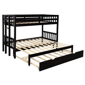 KLMM Twin Over Pull-Out Bunk Bed with Trundle, Wooden Twin Over Twin/Full/Queen/King Bunk Bed, Accommodate 4 People Extendable Bunk Beds with Ladder and Safety Rail (Espresso)